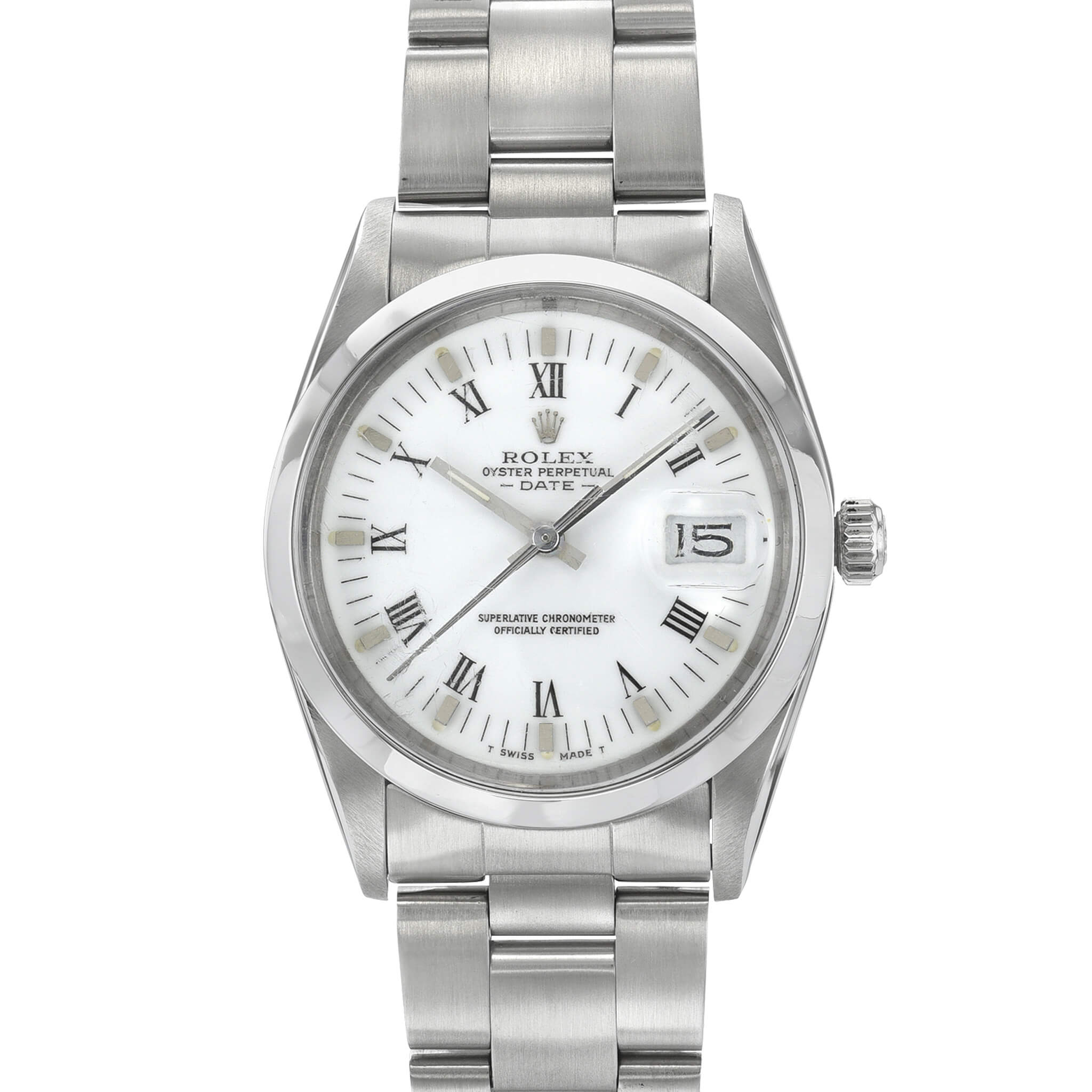 Rolex Date 15000 White Roman 34mm Stainless Steel – WatchGuys