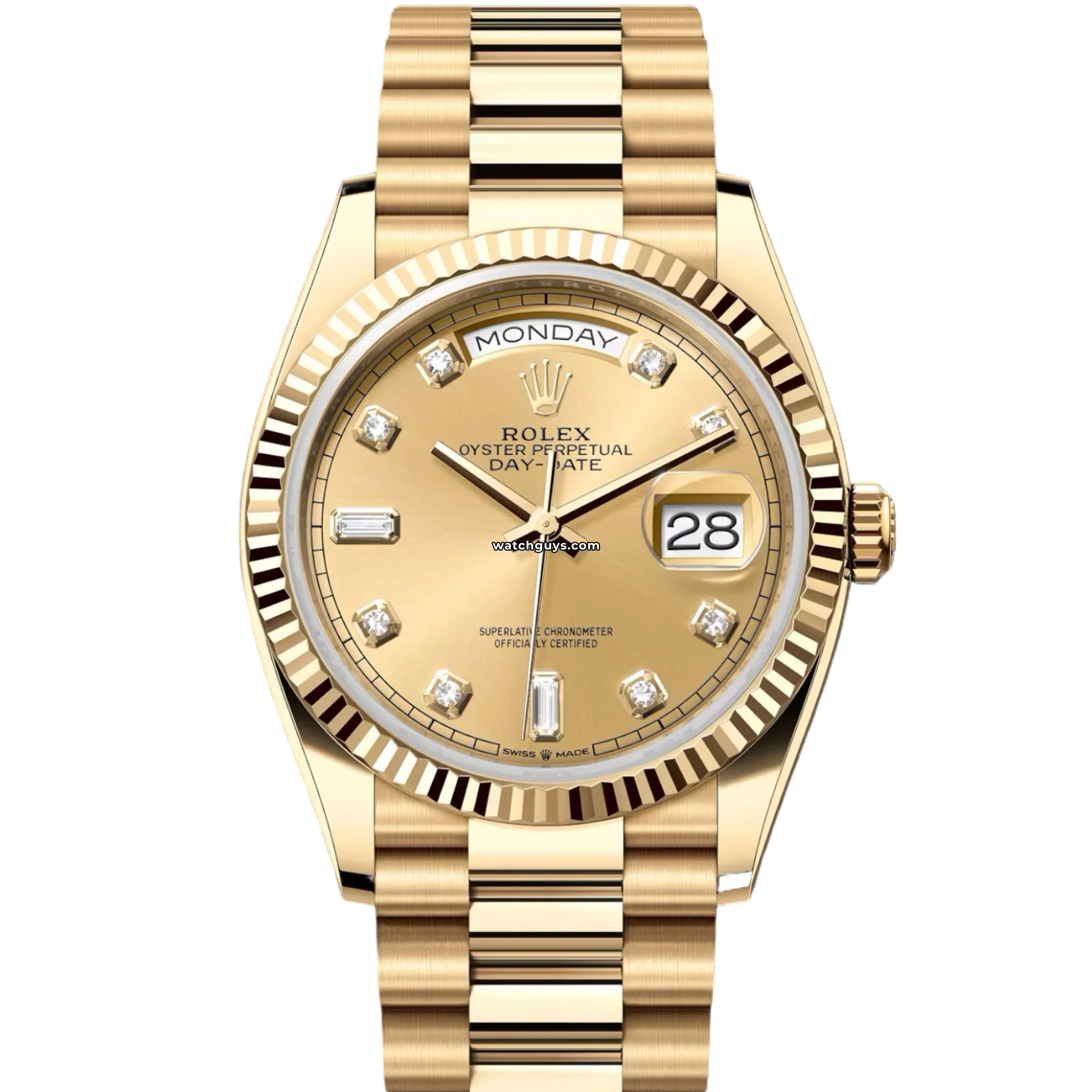 Rolex Day-Date 118238 Champagne Diamond 18k Yellow Gold 36mm – WatchGuys
