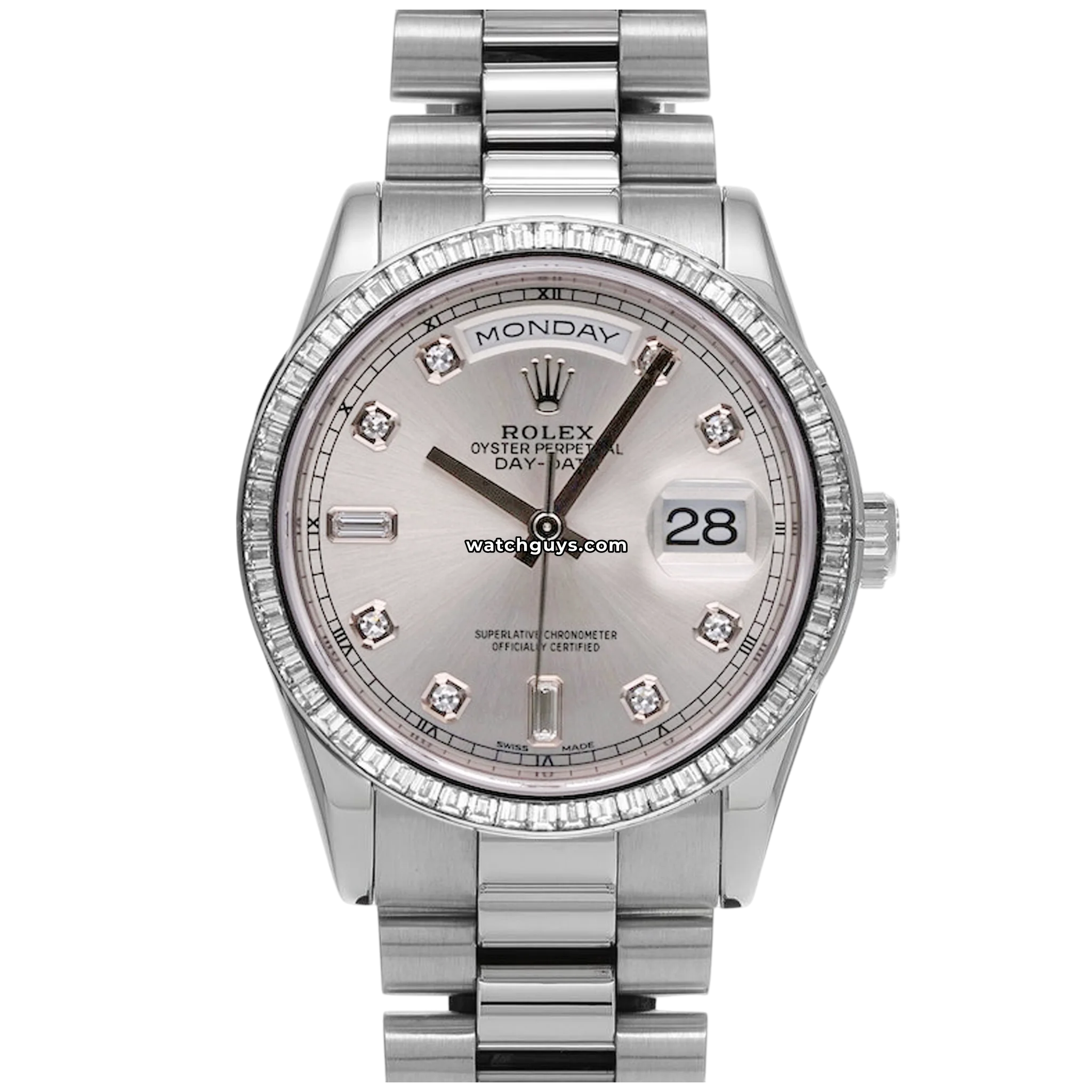 Rolex Day-Date 118399 Silver Diamond Dial 36mm 18K White Gold – WatchGuys