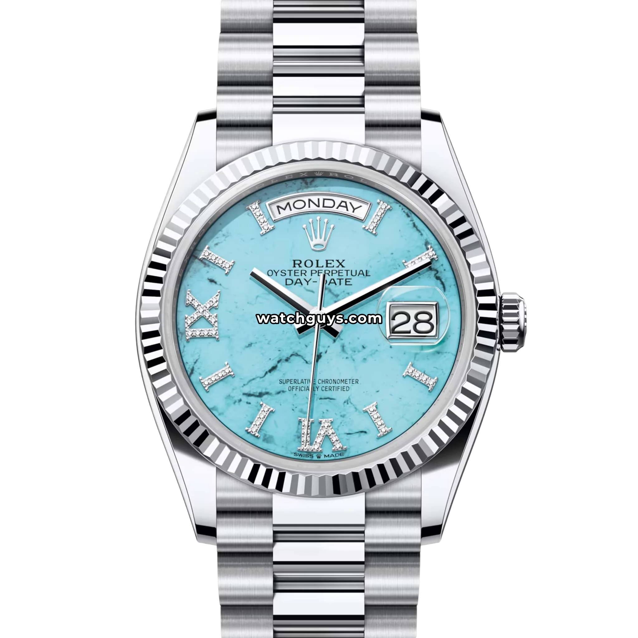 New Rolex Day-Date 128236 Platinum Turquoise - 100% Authentic – WatchGuys